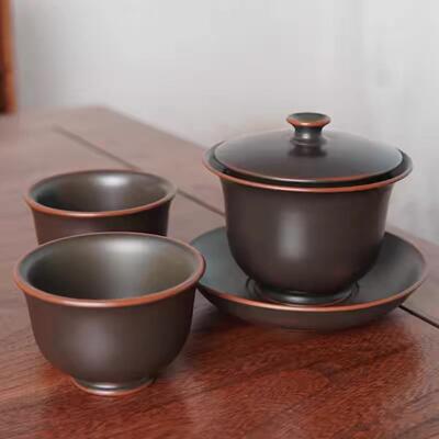 新中式盖碗纯手工钦州坭兴陶茶壶全孔自带过滤免茶漏盖碗带盖防烫