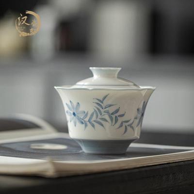 手绘釉下彩玉瓷单个盖碗椿花秋瑞青花功夫茶具白瓷家用花边口茶碗
