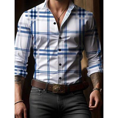 P 16475 3D plaid print men's long shirt 3D 格纹印花士长袖