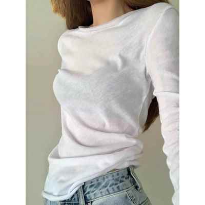 2026春秋极简风微透薄款T恤女长袖打底衫修身上衣罩衫0105w
