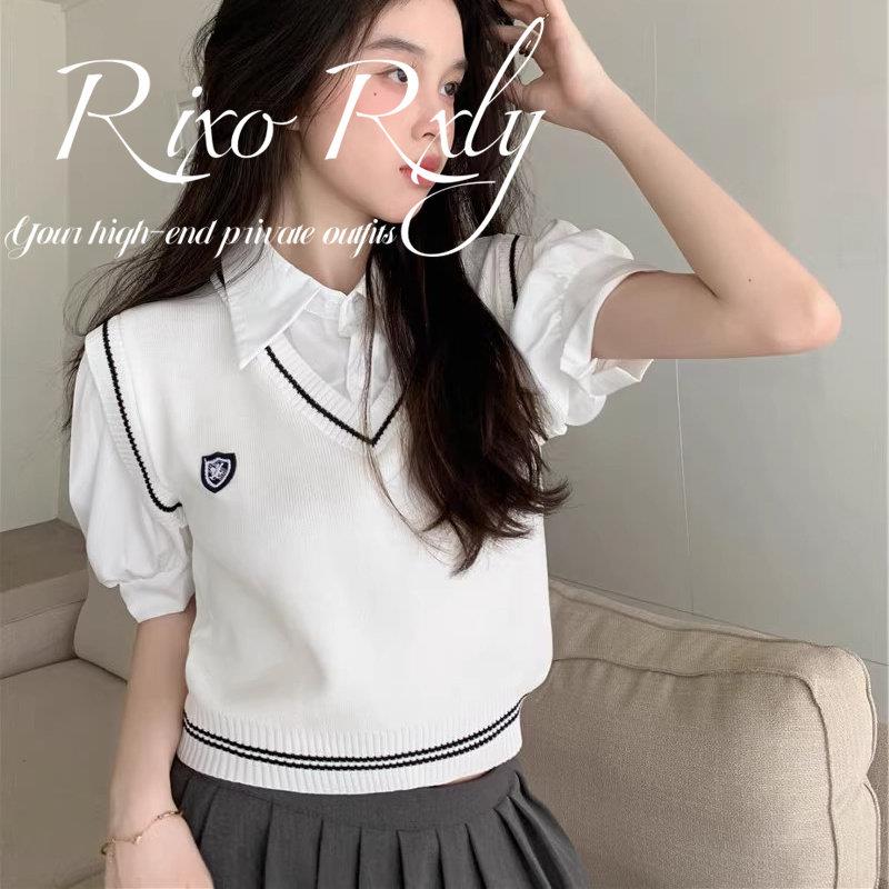 RIXO RXLY学院风短袖针织上衣T恤女夏季假两件马甲Polo领衬衫上衣