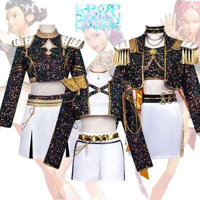 kpop猎魔女团cos服儿童Rumi鲁米Mila米拉Zoey佐伊黑金亮片打歌服