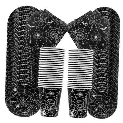 Halloween Party Spider Web Disposable Tableware Set Black Pa