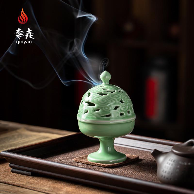 禅意青瓷博山炉家用室内陶瓷香薰炉沉檀香盘香炉创意复古茶道摆件