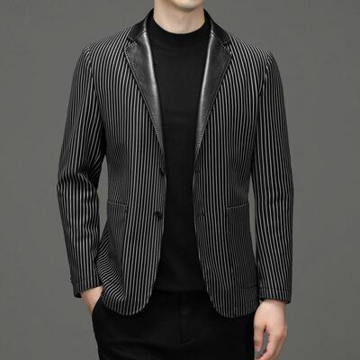 纹海宁真皮男士皮皮2227-BB衣时尚条西装领男服式西高端绵羊男装