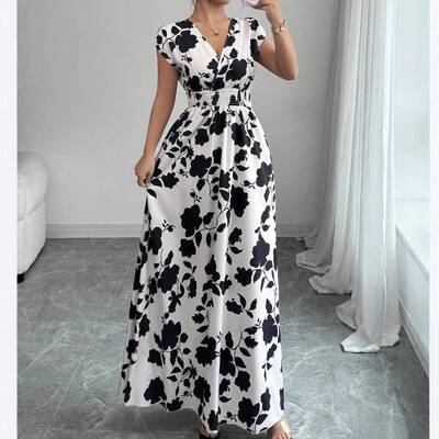 Women's Floral Print V Neck Tank Dress Elegant Vneck