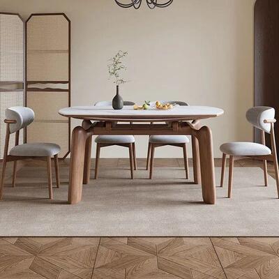 见详情法式复古风大象脚全实桌木伸岩板餐方户圆两用小型白蜡木吃