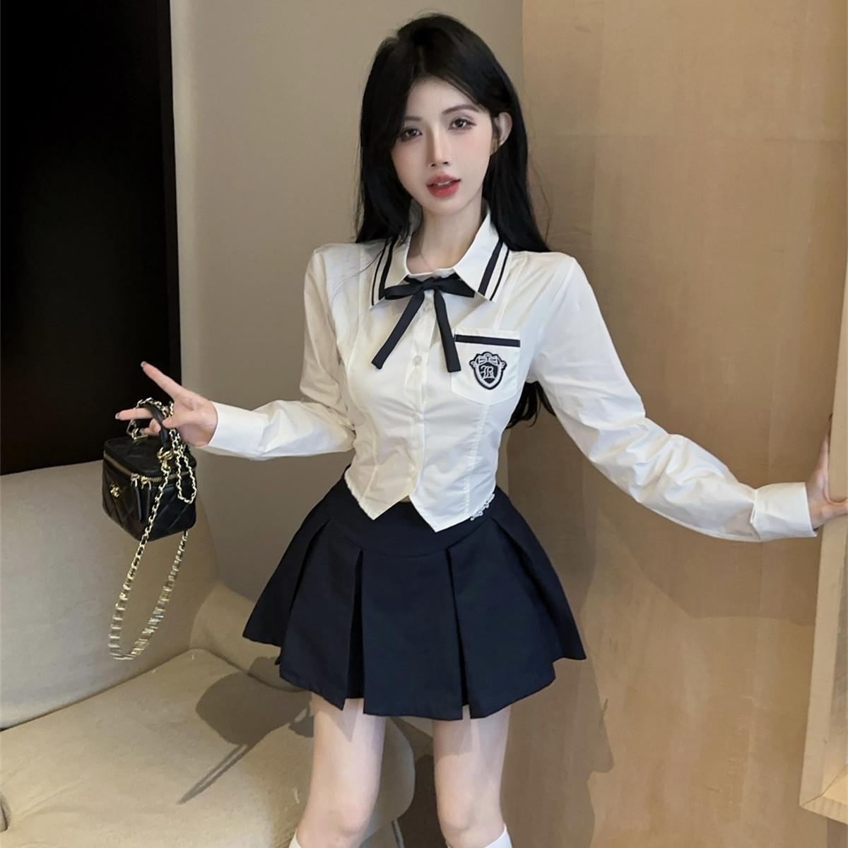 学院风套装制服辣妹长袖领结衬衫高腰百褶短裙半身裙两件套装