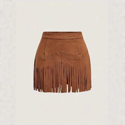 Women Rivet Fringe Trim Skirt Anti Slip Lining Waist Dress