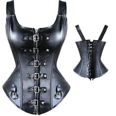 Faux Leather Corset Top Shoulder Strap Corselet Black Zipper