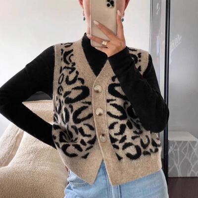 Women Leopard Print Sweater Vest Casual Sleeveless Knitwear
