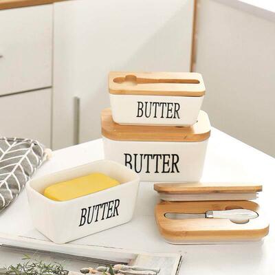 Butter Box Sealing With Wood Lid Knife Food Dish Ceramic