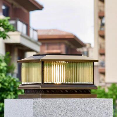 全铜大门灯户外墅子门柱灯农村竖纹平盖大门口太阳能庭柱别子灯院