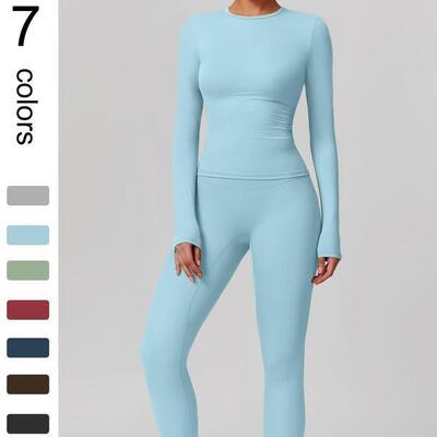 Elastic tight sandblasting yoga set, long sleeved outdoor