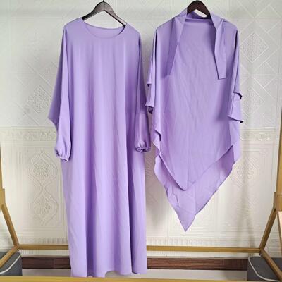 Womens Solid Color Long Sleeve Dress Hijab Set Modest