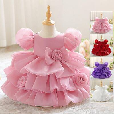 babys plain bow decor bubble sleeve dress romantic knee