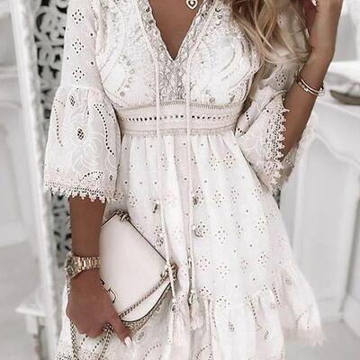 Elegant Women White Hollow Mini Dress Summer VNeck Patchwork