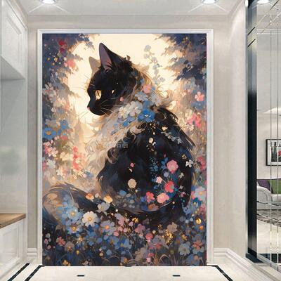 新款DIY方钻满钻钻石画 画手工贴钻印花十字绣镶钻套件花环黑色猫