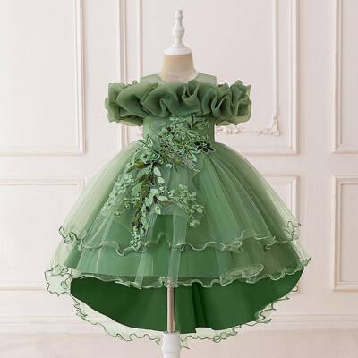 kids clothes pink sequin 3d petal flower girl trailing 0031