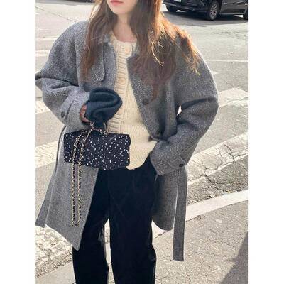 【现货】韩国lerobe气质复古翻领单排扣纯色腰带羊毛毛呢大衣外套