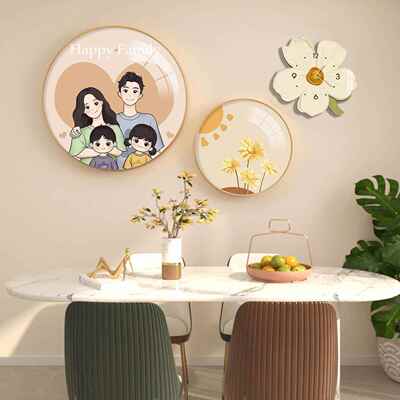 餐厅装饰画北欧小清新组合挂画创花朵意钟饭厅UCN挂背墙景面圆形