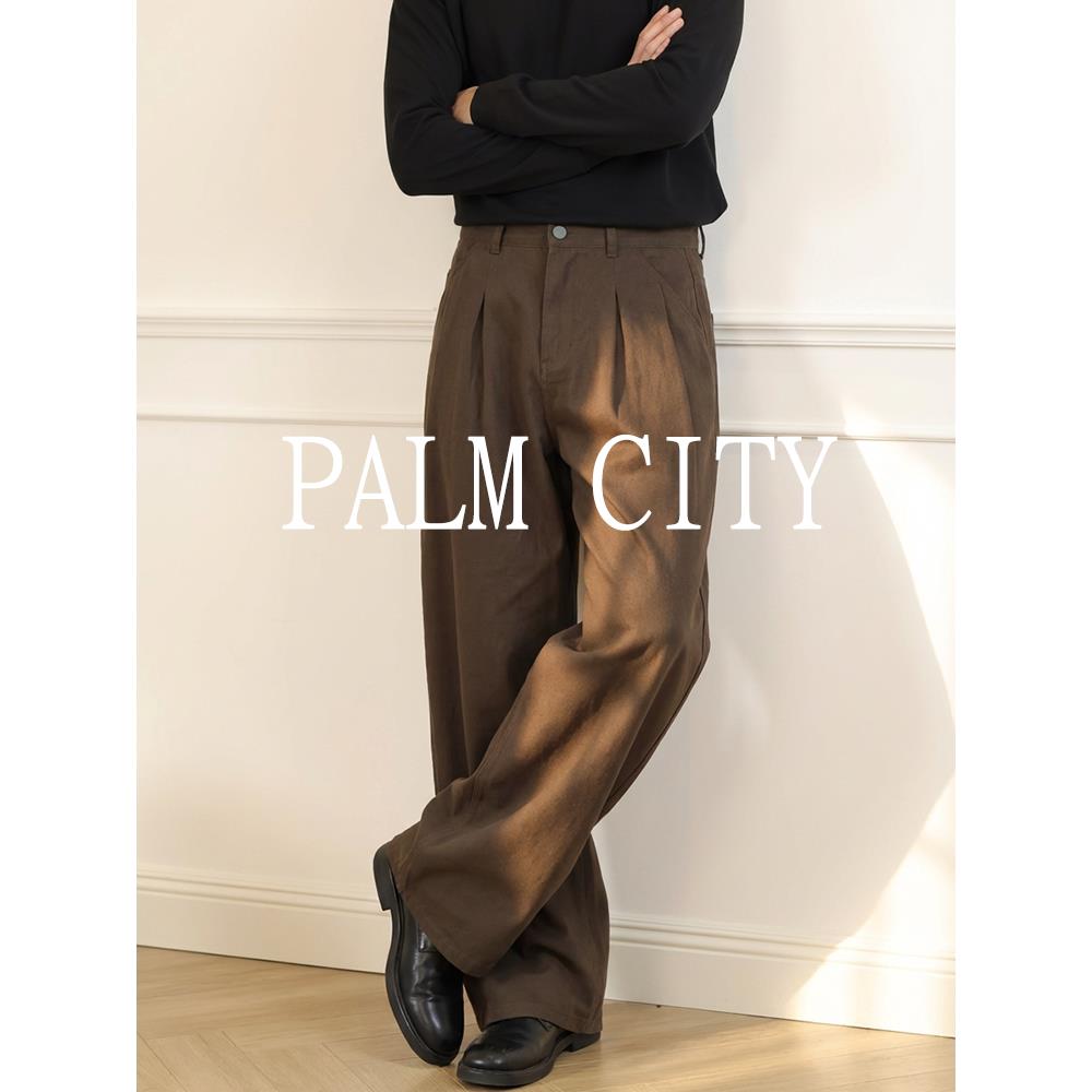 PALM CITY春夏新款纯棉美拉德风打褶休闲裤男宽松长裤通勤简约风