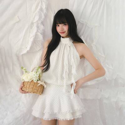 weekendhub挂颈波点洋装女2026夏装新款双层荷叶边无袖裙子显瘦