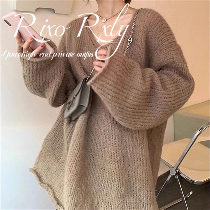 RIXO RXLY咖色软糯V领针织毛衣女春秋季小众设计感宽松慵懒风上衣