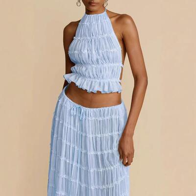 Womens Two Piece Summer Outfits Sleeveless Ruched Halter