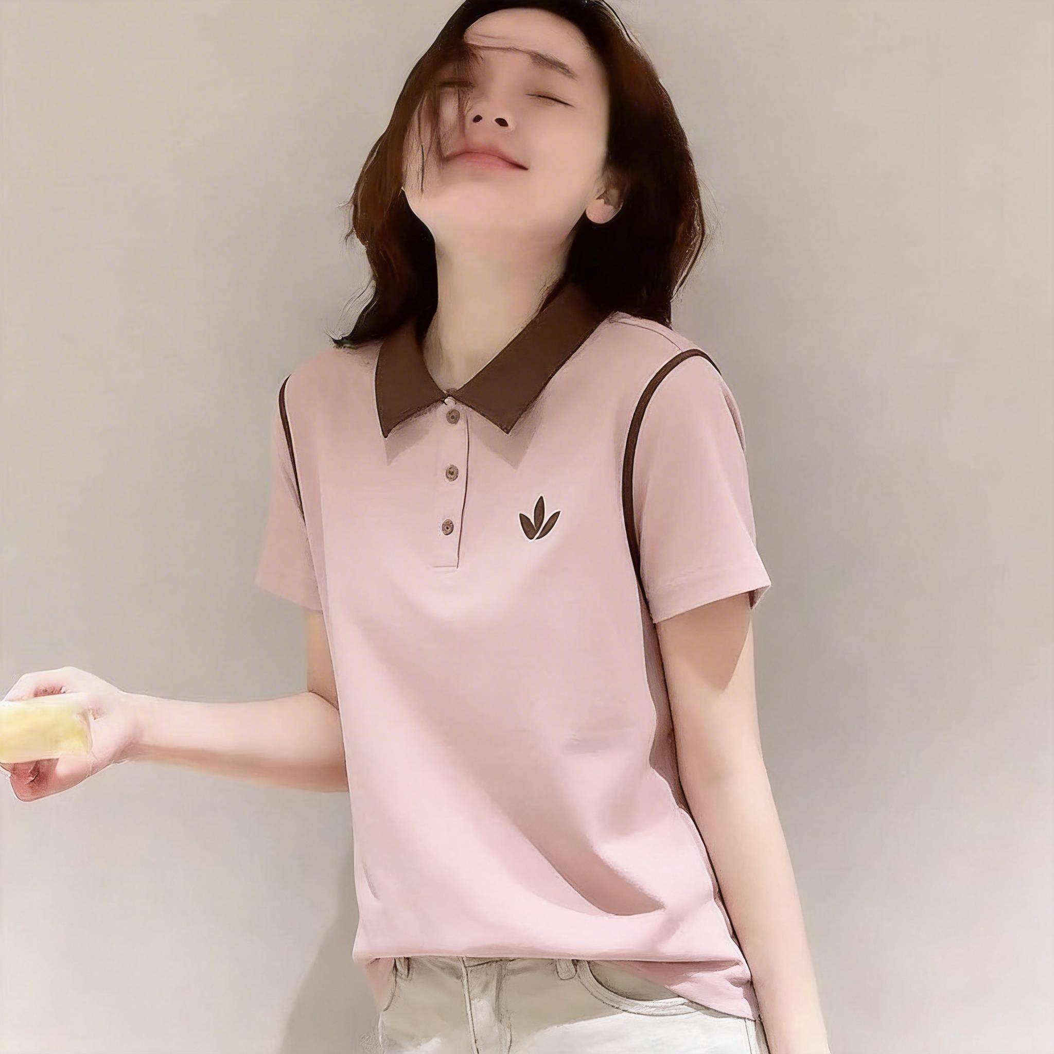 韩国减龄撞色设计感polo衫短袖上衣女士夏季新款百搭显瘦洋气T恤