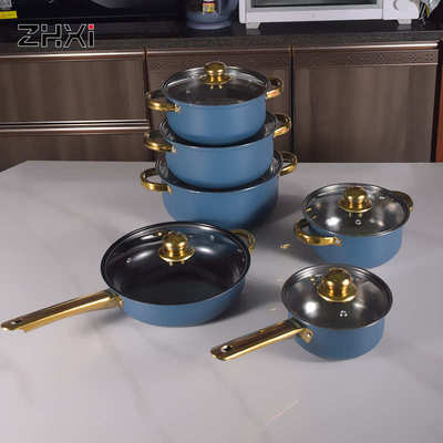 cookware set pots12件套彩色不锈钢套锅不粘锅镀金锅具套组