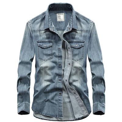 Men's Distressed Trim Flap Pocket Denim Collared Shirt