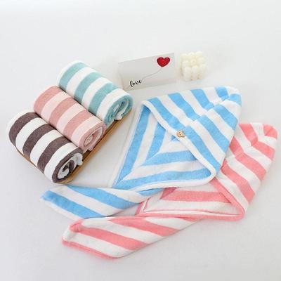 Thickened coral velvet hat with drying striped shower cap