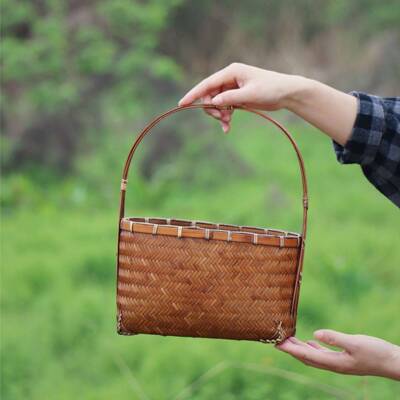 工竹编水手提篮竹子织手篮子茶具收纳筐家用置物篮QRR中编式田园