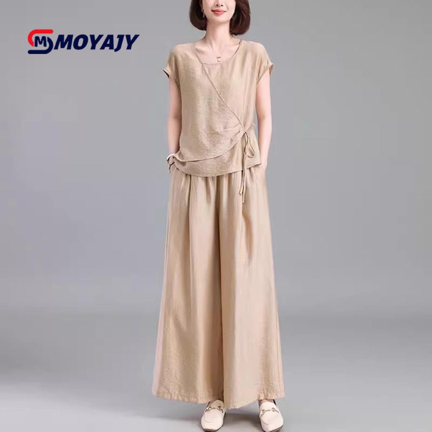 MOYAJY品牌2026夏季冰丝薄款显瘦胖MM大码女装妈妈装阔腿裤两件套