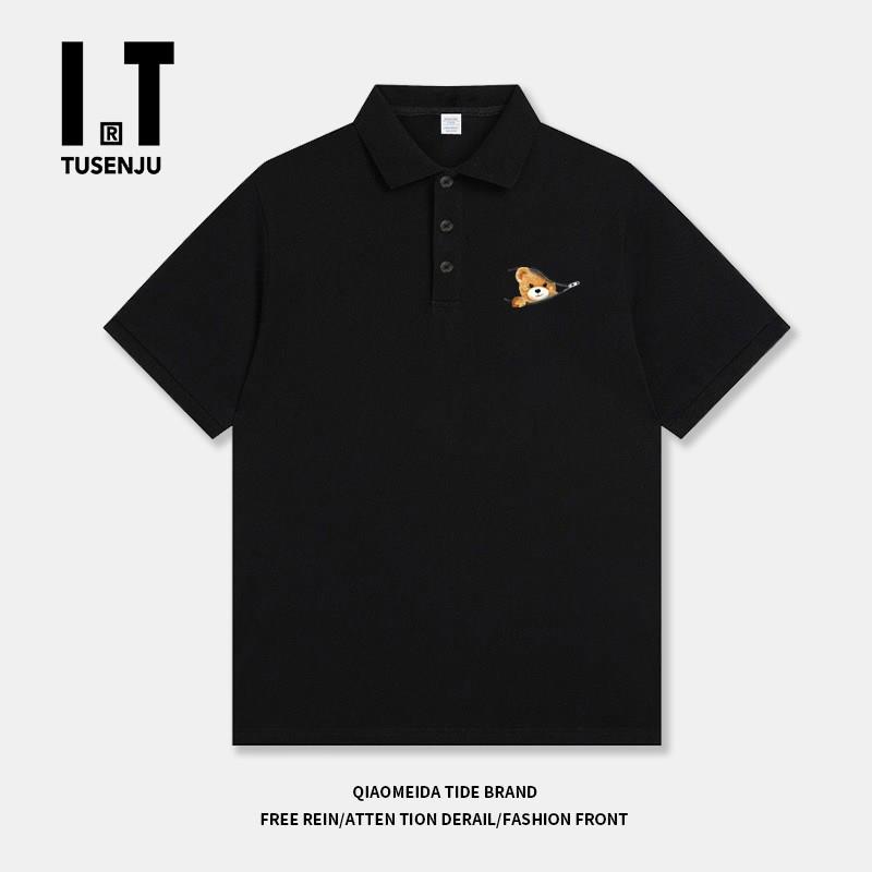 香港潮牌男生POLO衫夏季新款复古拉炼熊设计潮牌T恤休闲翻领短袖