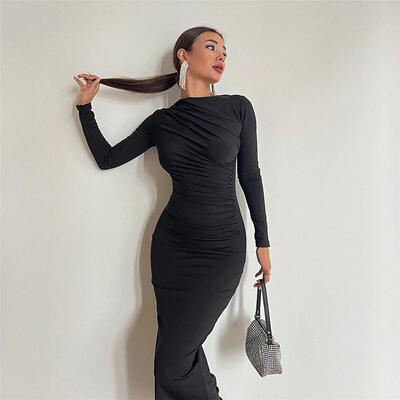 Round Neck Long Sleeve Irregular Hem Ruffle Dress Casual