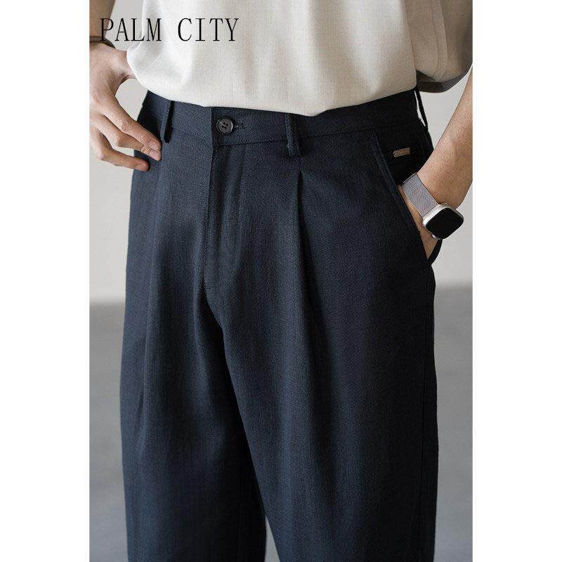palm city莱赛尔亚麻混纺垂坠直筒休闲裤男夏季西裤透气松弛阔腿