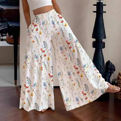 French Countryside Floral Leopard Print Leg Pants Waist