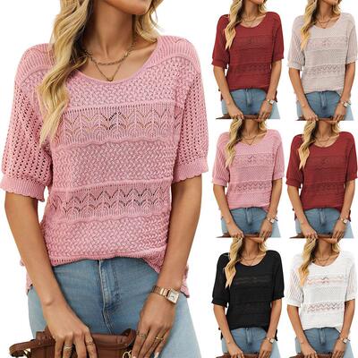 Womens Short Sleeve Sweaters Tops Crew Neck Pullover Shirt