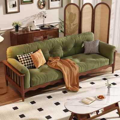 法式实木沙发复古厅风人小户型JDS极简客两用三位日式奶油风布沙