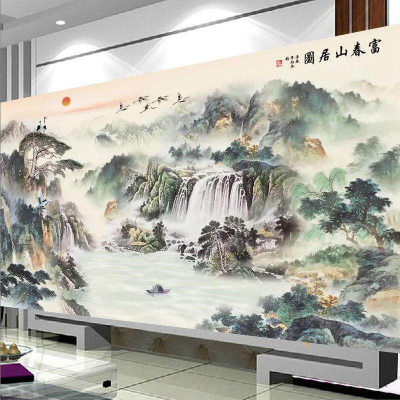 绣纯手工绣十字绣成品新富春山活画山水山水流水财富配框