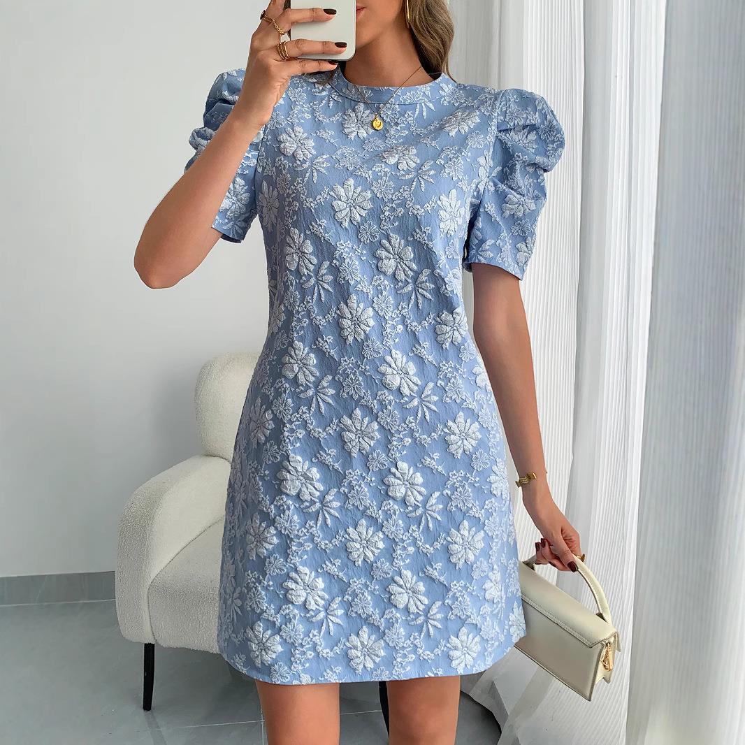 Women Bubble Sleeve Jacquard Round Neck Floral Print Dress