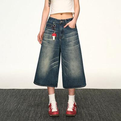 Aaisup美式复古水洗做旧折痕牛仔短裤女夏季宽松七分直筒阔腿五分