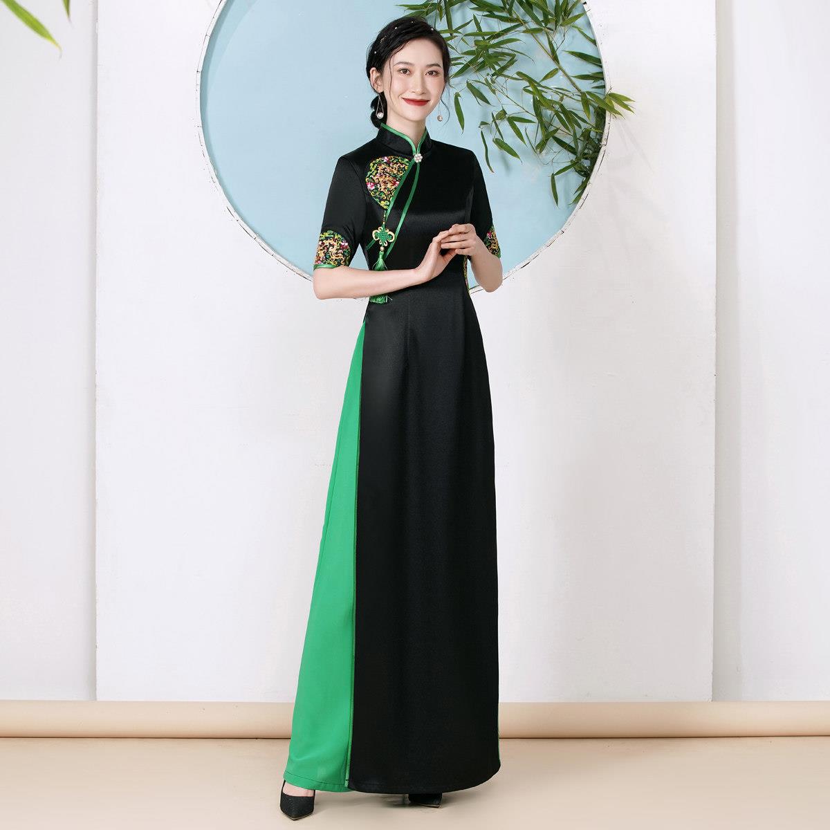 日常刺绣越南奥黛旗袍阔腿裤加长款走秀演出服正宗中国风大码显瘦