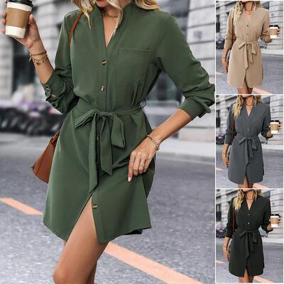 Women's Solid Color Button Front Belted Split Shirt Dress