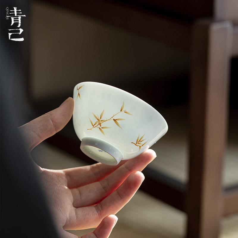 青己 薄胎手作主人杯 手绘青花釉下彩竹子茶杯家用单杯功夫品茗杯