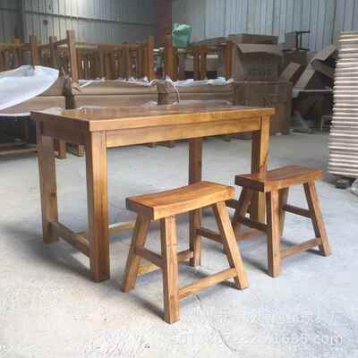 新中老榆实木餐桌椅组合木快餐桌椅饭店酒店做式旧复古桌15321家