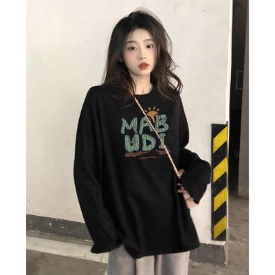 美式大码T恤女印花打底衫春季宽松显瘦胖mm长袖黑色上衣0105w