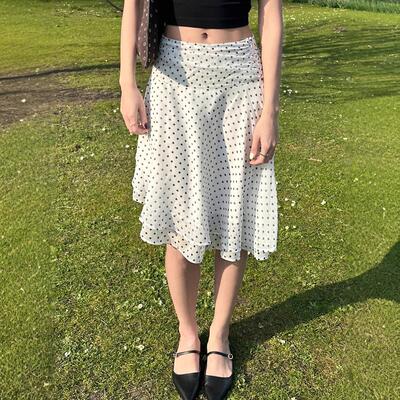Women's Polka Dot Print Frill Trim Fitted Midi Skirt Casual